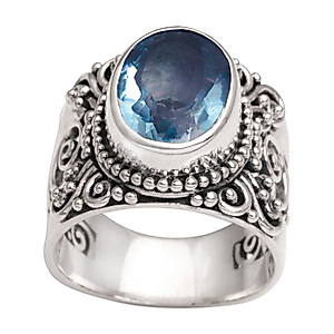 NOVICA Artisan Handmade Blue Topaz Single Stone Ring Sterling Silver from Bali Cocktail Indonesia Gemstone Birthstone [crownbezel 0.7 in H x 0.6 in W x 0.3 in D Band Width 8 mm W] ' Glorious Vines'