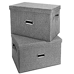Valease 2-Pack Large Linen Foldable Storage Bins with Removable Lids and Handles, Washable Collapsible Storage Box Containers Baskets Cube with Cover for Bedroom,Closet,Office,Living Room,Nursery (Grey, Extra Large)
