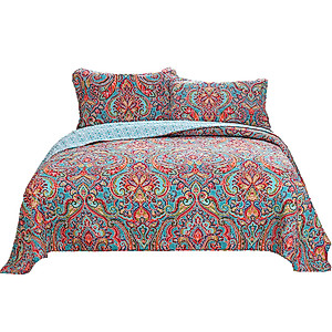 Newrara Jacquard Style Cotton 3 Pcs Patchwork Bedspread Boho Quilt Sets Queen Size（Red）