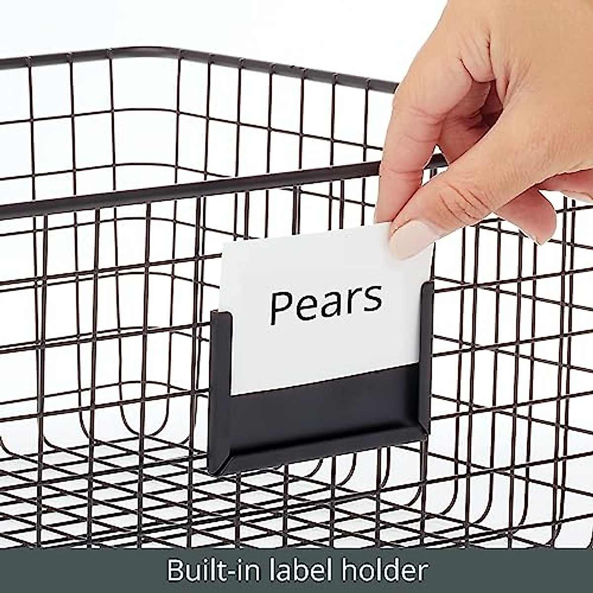 mDesign Wide Steel Wired Storage Organizer Bin Baskets with Label Slot for Kitchen Pantry, Cabinet, Organizing Holder for Food, Drinks, Snacks, Produce, Omaha Collection, 2 Pack, Matte Black