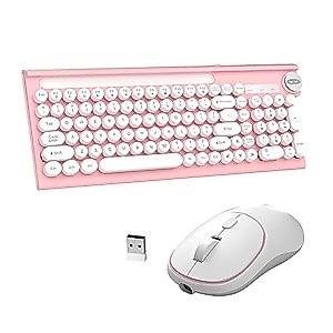 Typewriter Style Wireless Keyboard and Mouse Combo, Mute Keyboard with 2.4G 104-Key Retro Round Keycap Keyboard Ergonomic Design and Wterproof Keyboard with Round Mouse, White & Pink