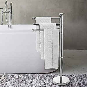MyGift 38 Inch Silver Metal Freestanding Towel Rack for Bathroom with 3 Swivel Arms and Sturdy Round Base