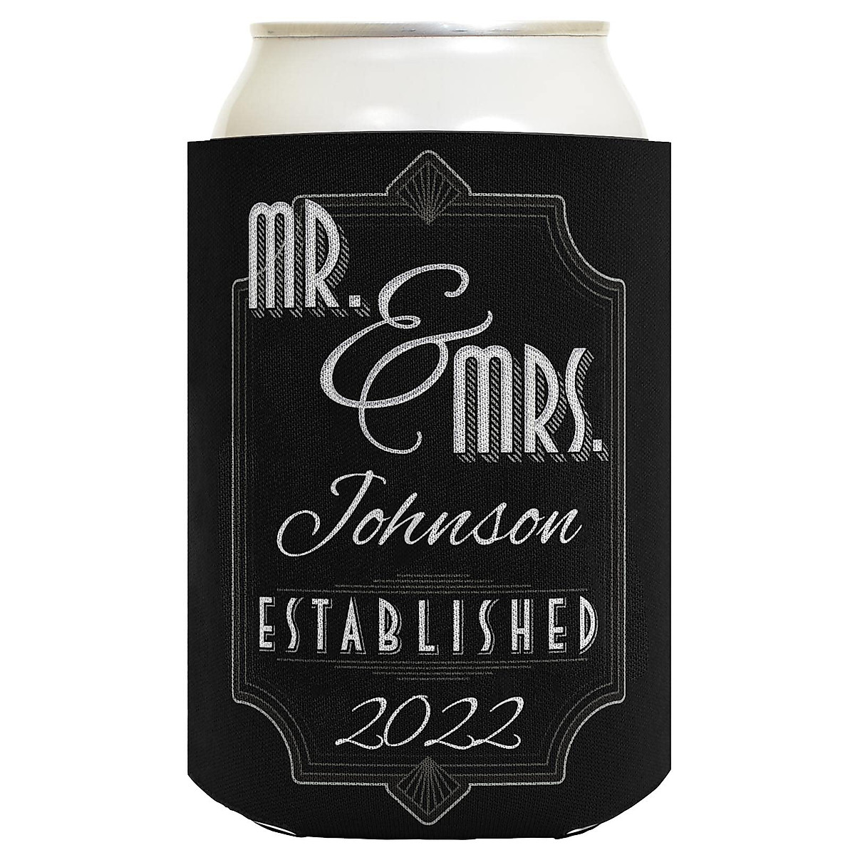 Engagement Party Favor For Women Mr & Mrs Custom Name and Established Date 2-Pack Personalized Can Coolie Drink Coolers Coolies Black