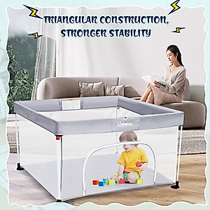 Babevy Foldable Baby Playpen Portable Baby Fence Play Yard for Babies and Toddlers with Gate, Indoor & Outdoor (Grey)