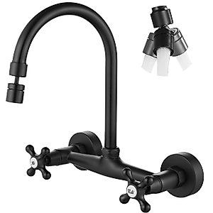 Airuida Wall Mount Kitchen Faucet Matte Black 8 Inch Center Wall Mount Faucet Kitchen with Sprayer Double Cross Handles 360 Degree Swivel Spout Kitchen Mixer Tap Commercial