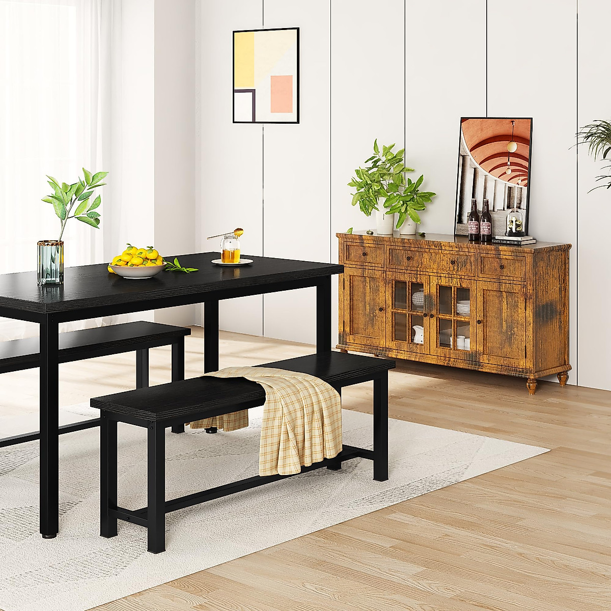 Recaceik Dining Benches, 39 Inch Table Benches, Pair of 2 Benches for Dining Room, Kitchen, Entryway, Bedroom, Industrial Small Bench Kitchen Bench with Metal Legs, Easy to Assemble, Black