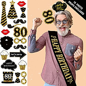 80th birthday decorations for men women - (76pack) black gold party Banner, Pennant, Hanging Swirl, birthday balloons, Tablecloths, cupcake Topper, Crown, plates, Photo Props, Sash for gifts