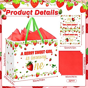 Baby Girl 1st Birthday Gift Bag A Berry Sweet Girl is Turning One Gift Bag Strawberry 1st Birthday Wrapping Bag with Tissue Paper and Card for Sweet Baby Girl Baby Shower Red Berry Birthday Christmas Party Supplies