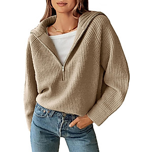 BTFBM Women's Long Sleeve V-Neck Pullover Sweater Casual Fall Winter Collar Ribbed Knit Loose Slouchy Jumper Sweaters(Solid Light Khaki, Large)