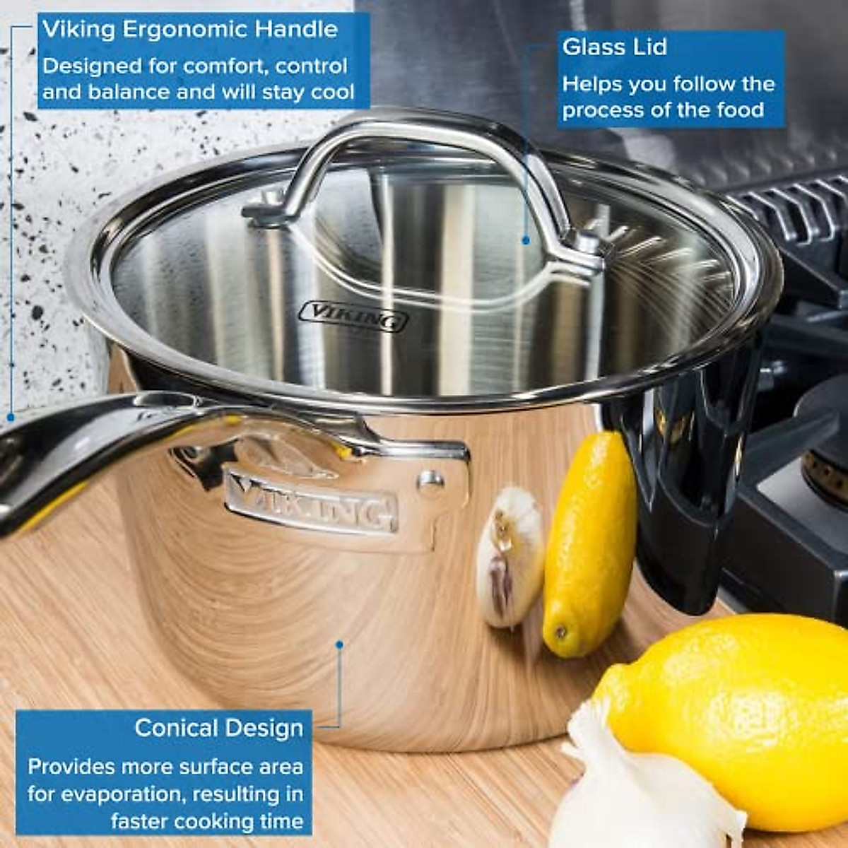 Viking Culinary Contemporary 3-Ply Stainless Steel Saucepan, 3.4 Quart, Includes Glass Lid, Dishwasher, Oven Safe, Works on All Cooktops including Induction