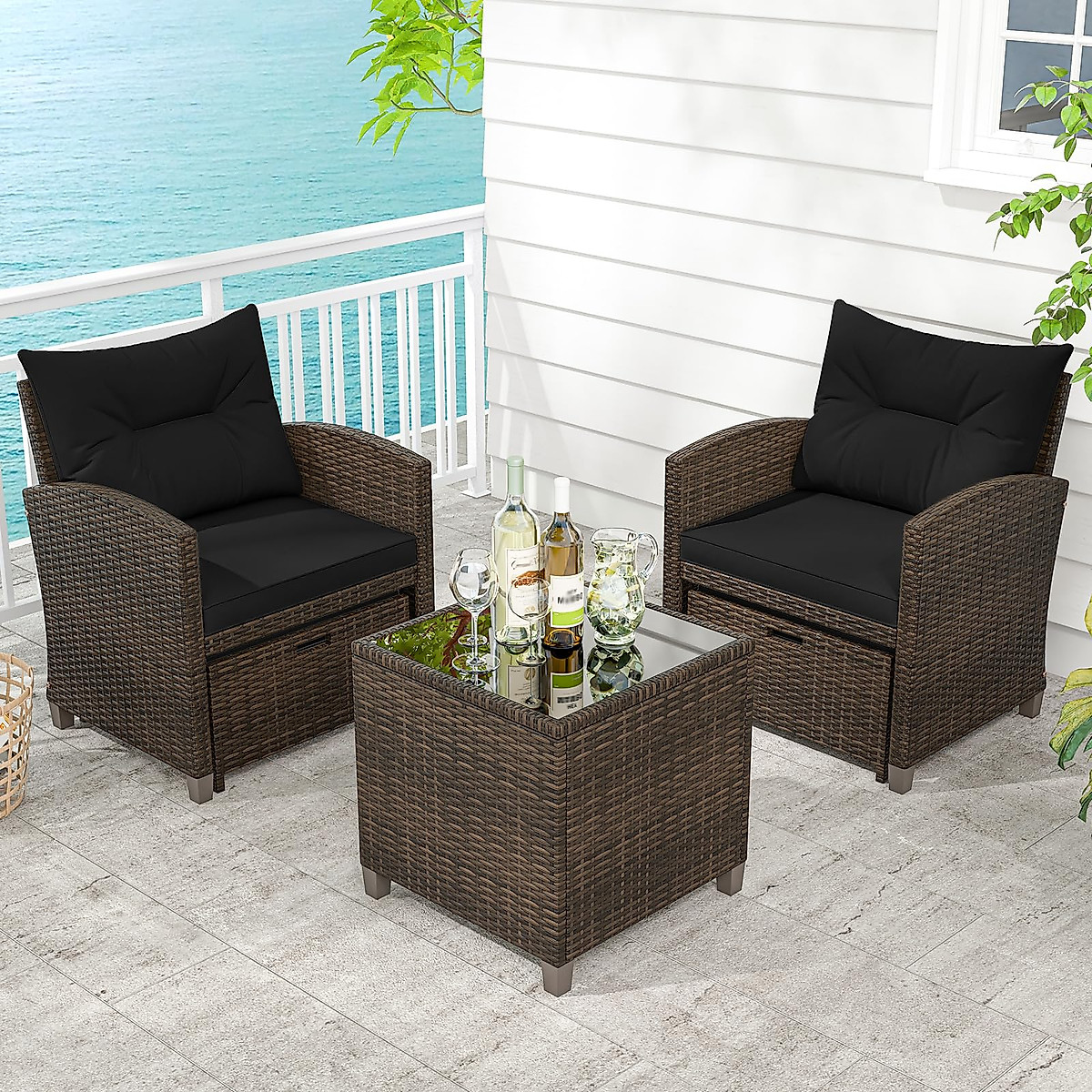 ORALNER 5 Pieces Patio Furniture Set with Ottoman, Wicker Conversation Set w/Cushions, Glass Coffee Table, Outdoor Rattan Lounger Chairs Bistro Set for Porch Balcony Garden Deck Poolside (Black)