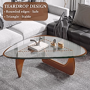 Mid-Century Modern Coffee Table - Triangle Glass Top Natural Wood Base Triangle Coffee Table for Living Room Patio Office Abstract End Tables (Walnut/Brown, Small 32.2 * 22.4 * 16in)