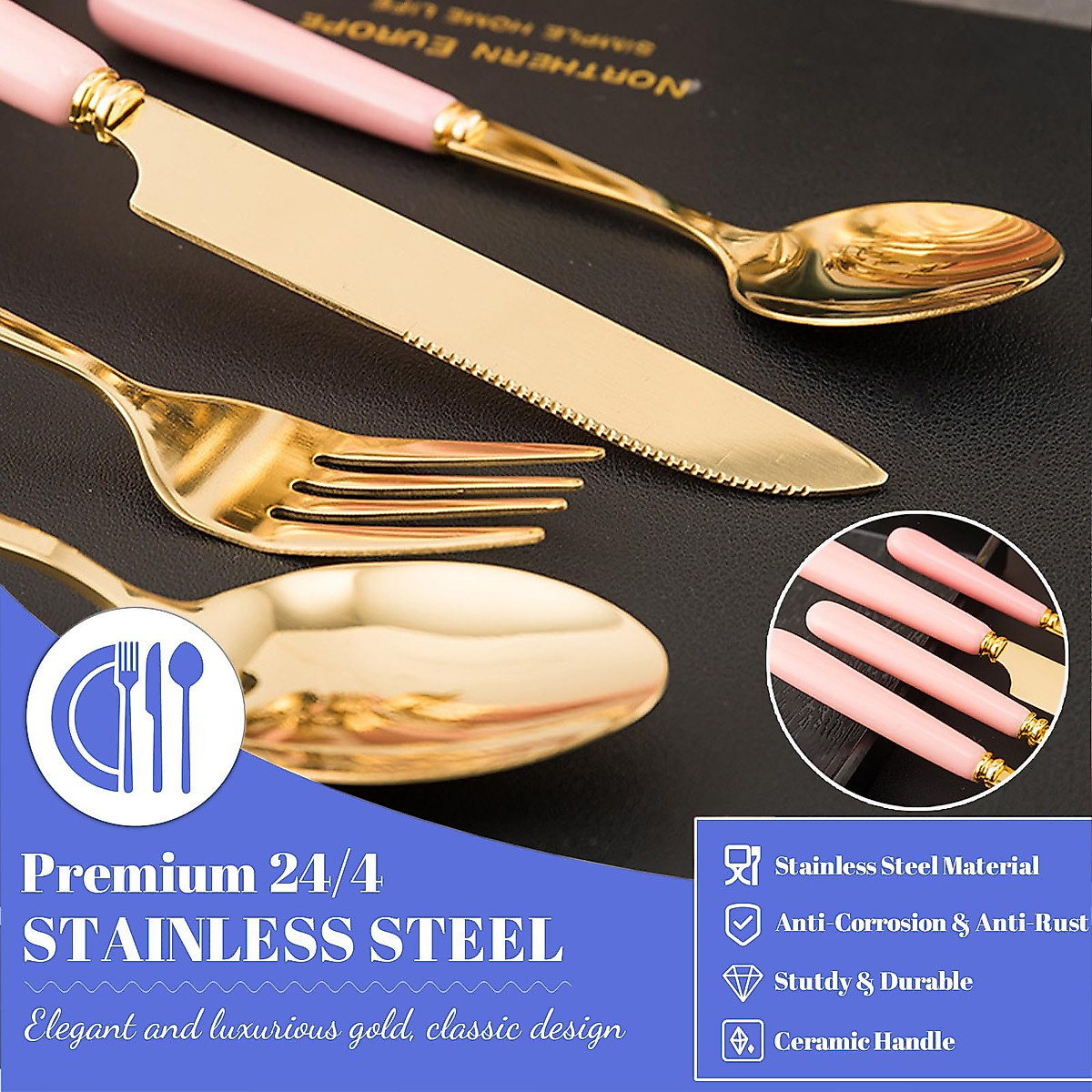 Gold Silverware Set, Caliamary 24 Pieces Flatware Set with Silverware Holder, Stainless Steel Knives and Forks and Spoons Cutlery Set Service for 6, Kitchen Utensil Tableware Set with Pink Handle