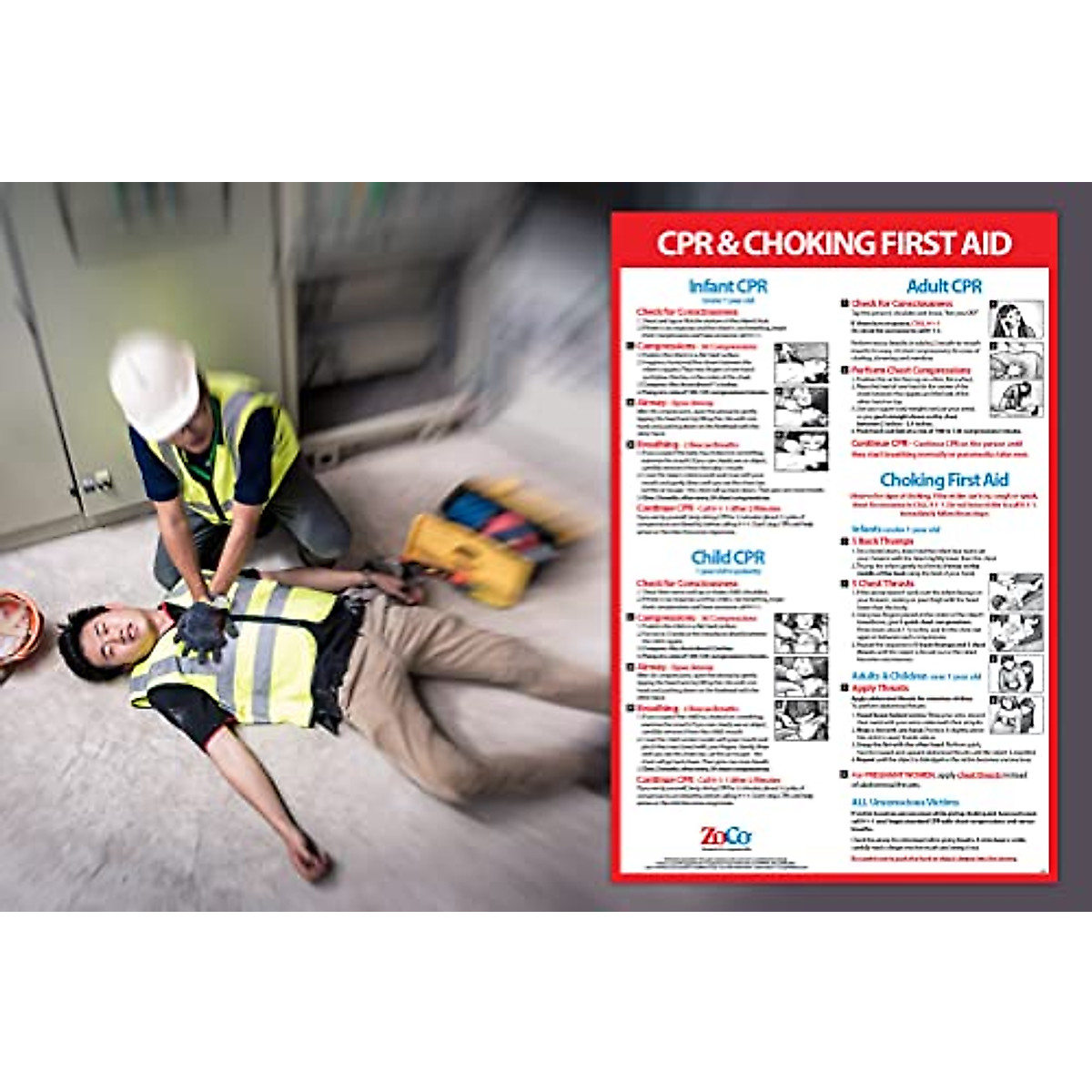 CPR and Choking Poster for Infant, Child, Adult - Laminated, 12 x 18 in. - CPR, Heimlich Maneuver First Aid Sign - Restaurant, School Nurse Office, Workplace Healthcare Poster