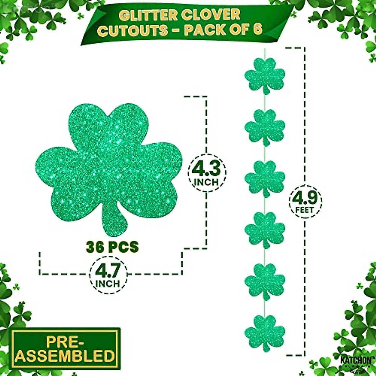 KatchOn, Glitter St Patricks Day Shamrock Garland - 6 Strings, No DIY | St Patricks Day Banner, St Patricks Day Decorations | Clover Garland Banner, St Patricks Day Garland, St Paddys Day Decorations
