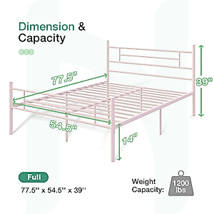 Novilla Full Size Bed Frame with Headboard and Footboard, 14 Inch Metal Platform Bed Frame with Under Bed Storage, No Box Spring Needed, Strong Metal Slats Support, Pink