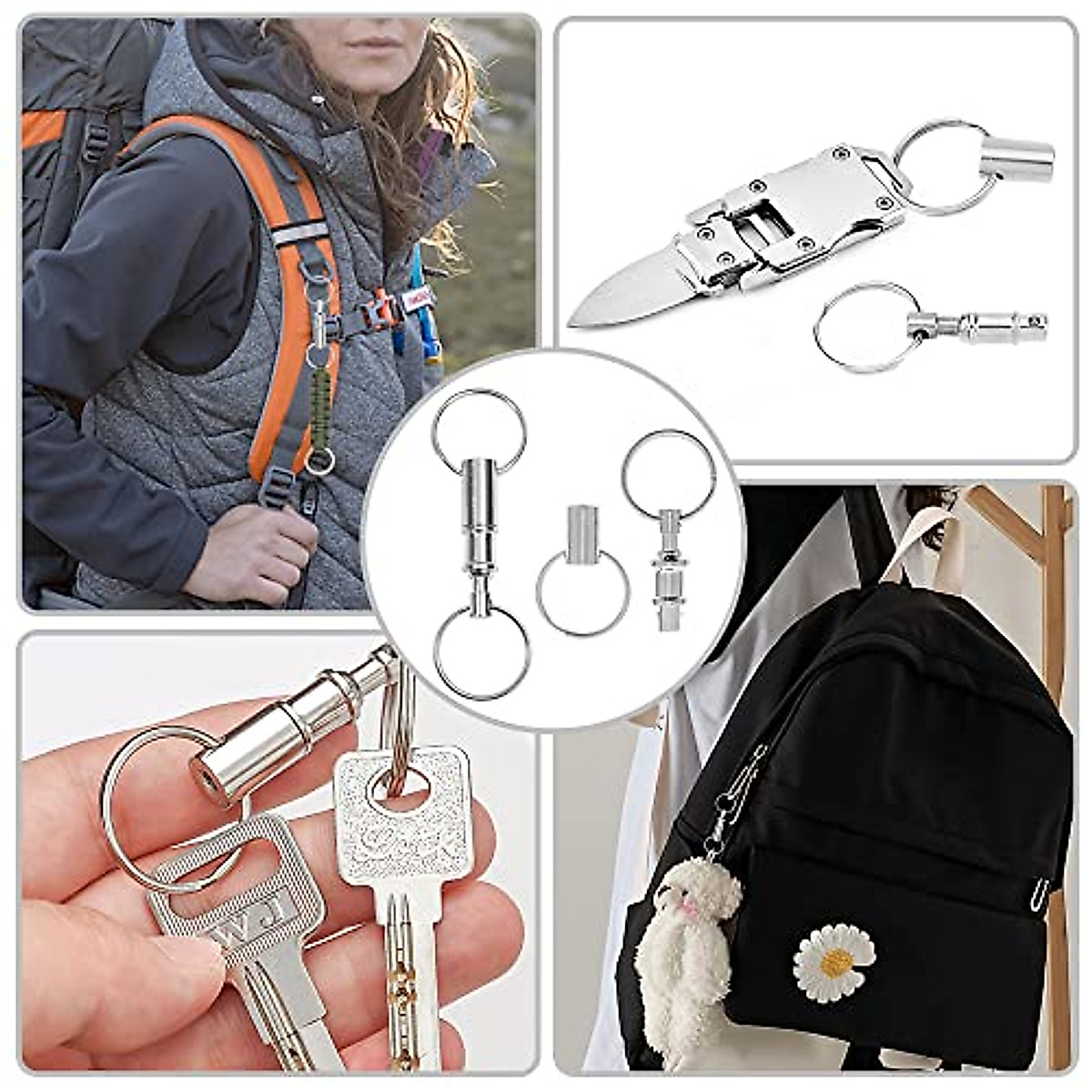 CooBigo 3 Pack Quick Release Detachable Keychain Dual Pull Apart Key Chain Spring Split Snap Separate Double Key Ring Lock Valet Keys Flashlights DIY Crafts Accessories