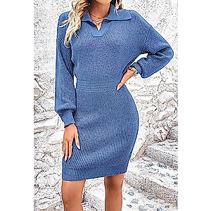 Pink Queen Fashion Long Sleeve Dress for Women Trendy Ribbed Knitted Polo Pullover Sweater Bodycon Mini Dresses Blue M