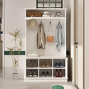 AIEGLE Entryway Hall Tree with Shoe Bench, 3-in-1 Hallway Hall Tree with Coat Rack, 6 Shoe Storage Cubes and 4 Hanging Hooks, White (39.8" L x 17.3" W x 67.1" H)