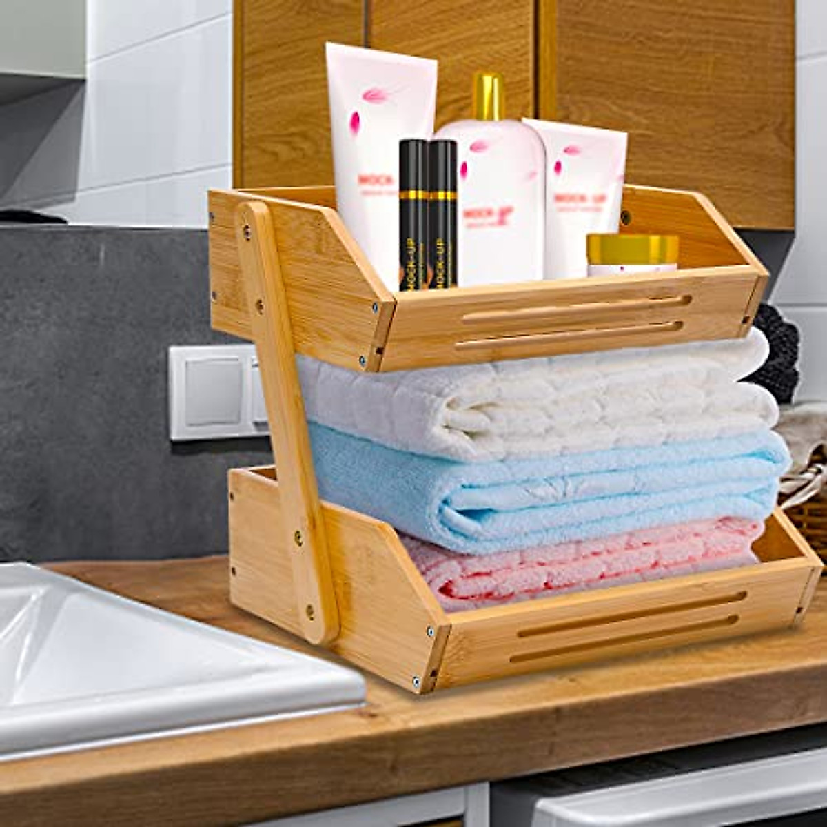 Fruit Basket, 2 Tier Bamboo Fruit Basket for Kitchen, 11" Tall Fruit Stand Storage Holder, Heavy Duty/Multipurpose/Large Capacity for Vegetables, Fruit, and Snack, 15 mm Thickness (Self-assembly)