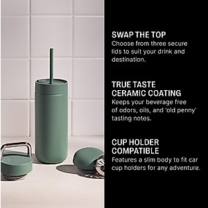 Fellow 16 oz Carter Bundle (3 in 1) Travel Mug with Carry Handle, Move & Cold Lids with Straw - To-Go Coffee Tumbler, Ceramic Interior & Vacuum-Insulated Stainless Steel - Coffee Cups-Smoke Green