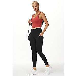 THE GYM PEOPLE Women's V Cross Waist Workout Leggings Tummy Control Running Yoga Pants with Pockets(Black, Medium)