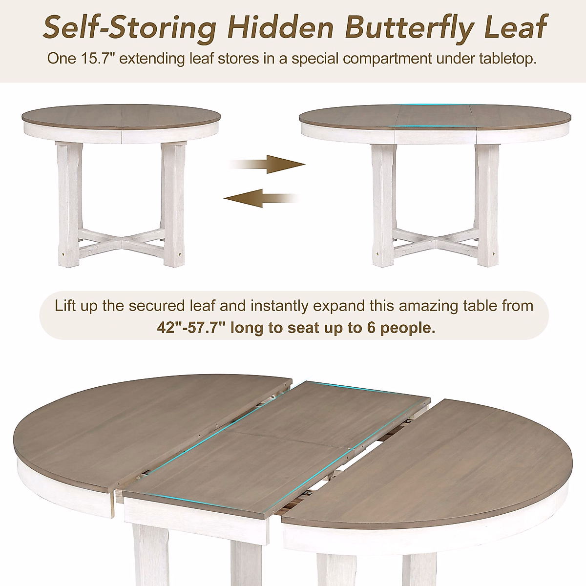 YuiHome Set 5-Piece Wooden Two-Size Round to Oval Extendable Butterfly Leaf Wood Table and 4 Upholstered Dining Chairs with Armrests for Kitchen, Dinning Room,Brown+White