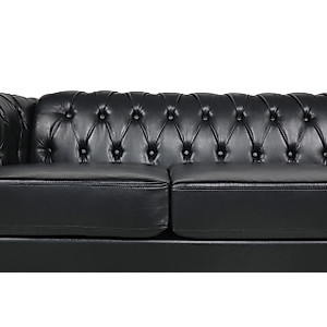 MIYZEAL Chesterfield Sofa, Tufted Leather Couch Upholstered Sofa with Low Back, Roll Arm Classic 3 Seater PU Leather Couch for Living Room Bedroom Office (Black)