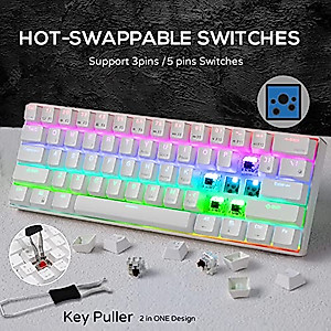 RK ROYAL KLUDGE RK61 60% Mechanical Keyboard with Coiled Cable, 2.4Ghz/Bluetooth/Wired, Wireless Bluetooth Mini Keyboard 61 Keys, RGB Hot Swappable Brown Switch Gaming Keyboard with Software - White