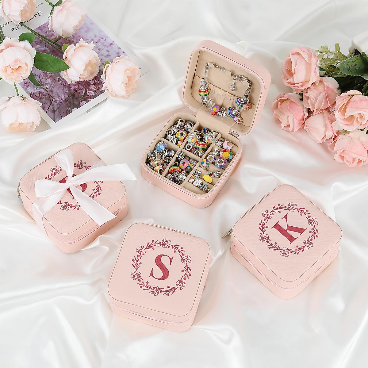 Charm Bracelet Making Kit for Girls 3-12, Kids Jewelry Making Kit 66Pcs Jewelry Kits for Girls Ages 8-12 Jewelry Maker Craft Necklace Birthday Christmas Gifts with Initial Jewelry Organizer Box - C