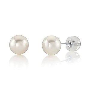 THE PEARL SOURCE Round White Freshwater Real Pearl Earrings for Women - 14k Gold Stud Earrings | Hypoallergenic Earrings with Genuine Cultured Pearls, 7.0-7.5mm