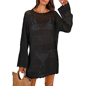 ANRABESS Women Swimsuit Crochet Swim Cover Up 2025 Summer Bathing Suit Swimwear Mesh Knit Beach Dress Vacation Outfits Black Medium