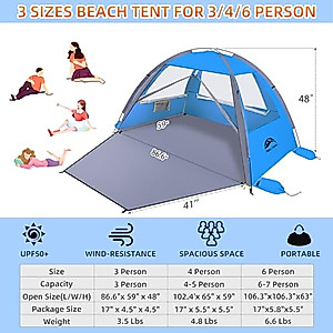 Happy Travel Beach Tent Sun Shelter for 3/4/5/6/7/8 Person, Portable UPF 50+ UV Protection Beach Shade Canopy for Family & Baby, Lightweight & Easy Setup Beach Cabana with 3 Ventilation Mesh Windows