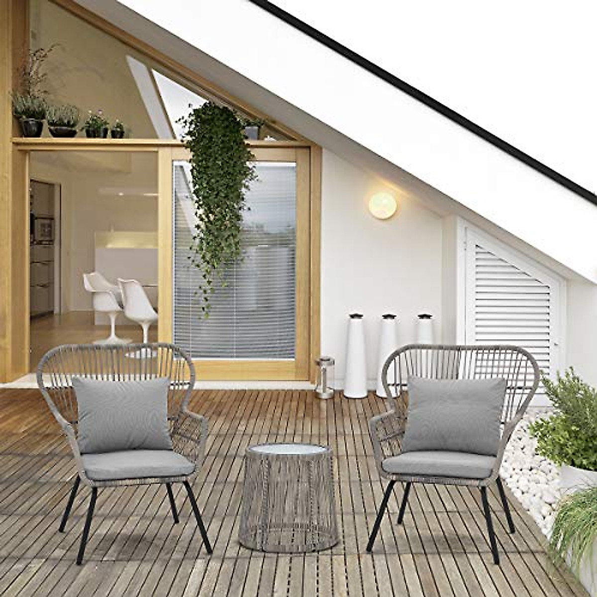 Barton 3 Pieces Bistro Chair Set w/Glass Table Grey Outdoor Patio Furniture Wicker Rattan Modern Conversation Chat Seating