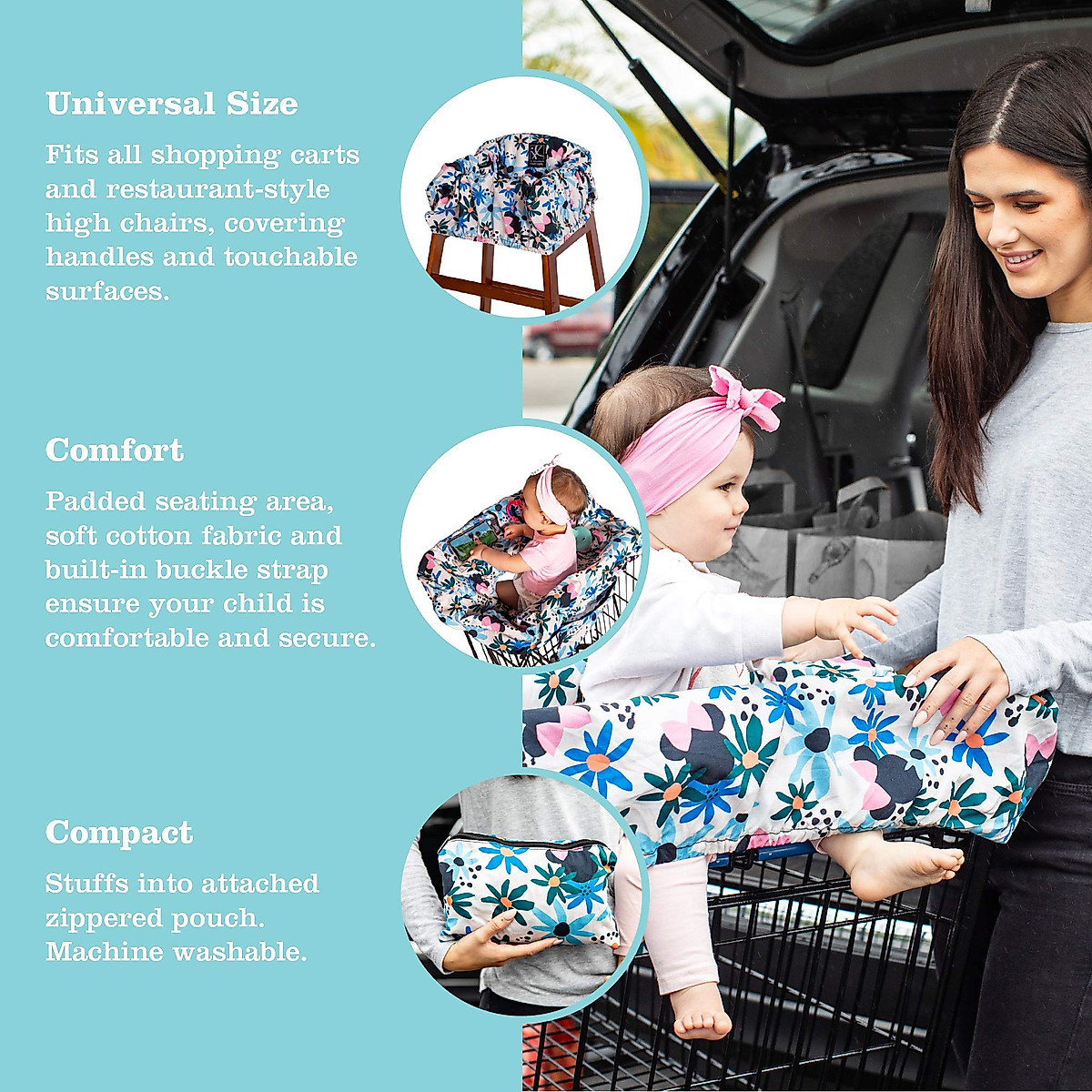 Disney Baby by J.L. Childress Shopping Cart & High Chair Cover - for Baby, Kids, Toddler, Girl - Phone Holder and Toy Loops - Extra Large, Universal Grocery Cart Cover - Minnie Mouse Floral