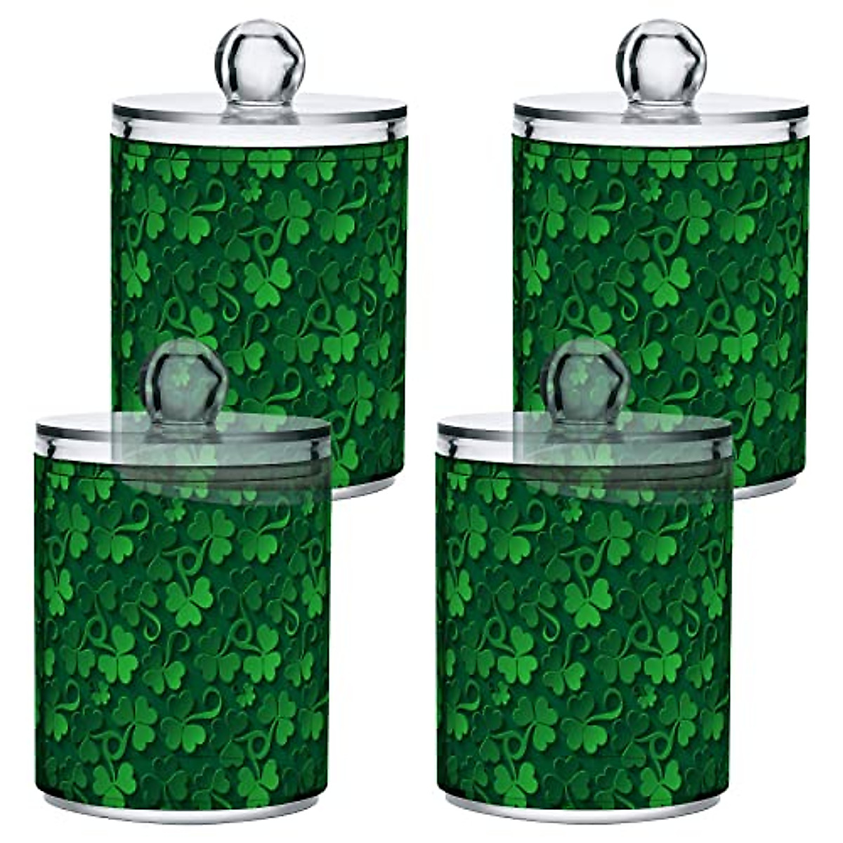 ALAZA 4 Pack Qtip Holder Dispenser Shamrock St. Patrick's Day Bathroom Organizer Canisters for Cotton Balls/Swabs/Pads/Floss,Plastic Apothecary Jars for Vanity