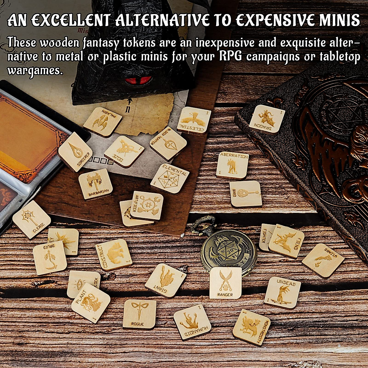 D&D Tabletop Game Tokens Fantasy RPG Hero and Monster Token Set of 112 Pieces Perfect for Dungeons & Dragons and Pathfinder (Wooden)