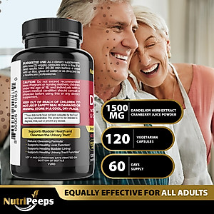 NutriPeeps D-Mannose 1500mg, 120 Capsules with Dandelion Herb and Cranberry Extracts, Natural Urinary Tract Cleanse for UTI Support, Flushing and Detoxing of Impurities, for Men and Women.