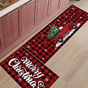 2 Piece Red Truck Kitchen Rug Set Merry Christmas Indoor Floor Mats for Winter, Xmas Door Mat Runner Rug Carpet Mat for Kitchen Home Decor (15.7" x 23.6"+15.7" x 47.2") - Red Black Buffalo Check Plaid