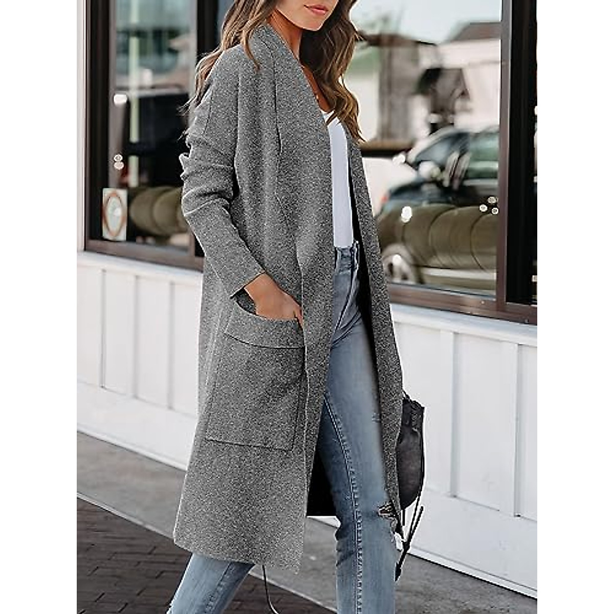 ANRABESS Women's 2023 Fall Casual Long Sleeve Draped Open Front Knit Pockets Long Cardigan Jackets Sweater Comfy Trendy Outfits Coat 580shenhuahui-S Gray