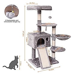 MQ Cat Tree Tower 47.3 in, Multi Level Cat Scratching Post with Condo, Ladder, Hammock & Plush Perches for Kittens, Adult Cats, Light Gray