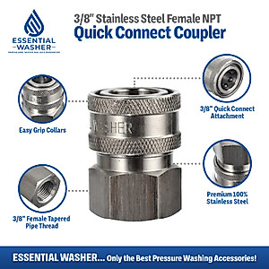 3/8 Quick Connect Fittings by ESSENTIAL WASHER - Set of 2 – 3/8 Inch Female Stainless Steel Pressure Washer Quick Connect Fittings - Quality Pressure Washer Quick Connect Kit 2-Pack