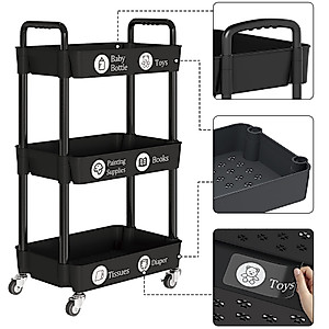 UDEAR 3-Tier Rolling Utility Cart with 12 Category Labels,Multifunctional Comagtable Rolling Shelving with Handle and Lockable Wheels for Room,Office,Kitchen,Bathroom,Black