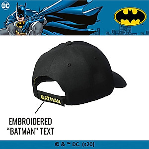 DC Comics Batman Baseball Hat, Embroidered Logo Adjustable Cap with Curved Brim, Black, One Size