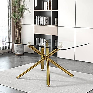 63 inch Glass Dining Table with Clear Rectangular Glass Top, 4 Chrome Golden Legs Modern Rectangular Glass Kitchen Table Furniture for Home Office Kitchen Dining Room, 4-6 People