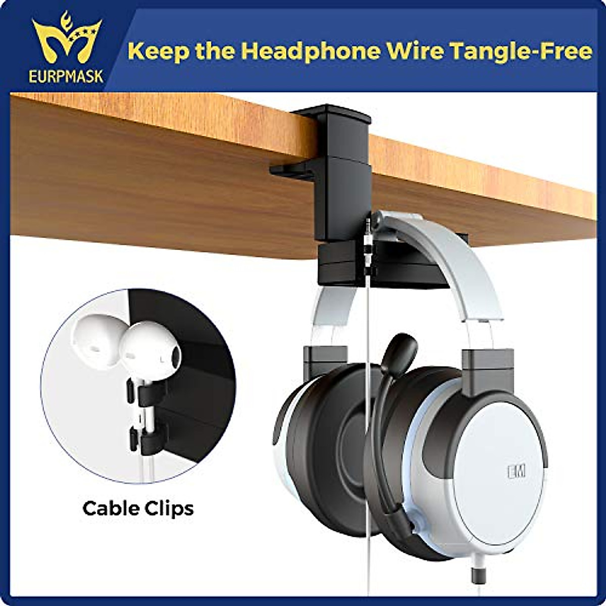 PC Gaming Headphone Stand,Dual Headset Hanger Hook Holder with Adjustable & Rotating Arm Clamp,Under Desk Design,Universal Fit,Built in Cable Clip Organizer EURPMASK