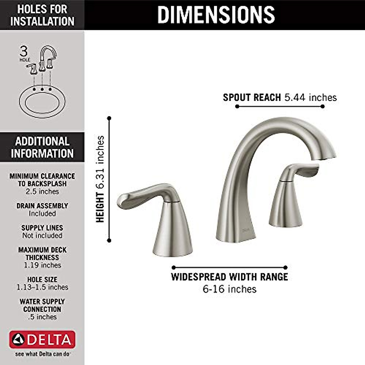 Delta Faucet Arvo Widespread Bathroom Faucet Brushed Nickel, Bathroom Faucet 3 Hole, Bathroom Sink Faucet, Drain Assembly, SpotShield Stainless 35840LF-SP