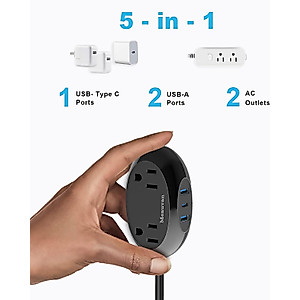 Meauvan Power Strip Surge Protector: 5ft Extension Cord with USB Ports and 2 Outlets, 2 USB A and 1 Type C 5V 3.1A, Flat Plug Power Strip for Nightstand Desktop Home Office