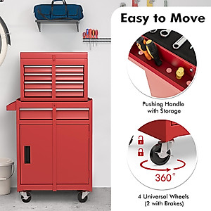 Goplus Rolling Tool Chest, 5-Drawer Tool Box Organizer w/Lockable Wheels & Sliding Drawers & Detachable Top & Adjustable Shelf, Tool Storage Cabinet for Garage Workshop (Red)