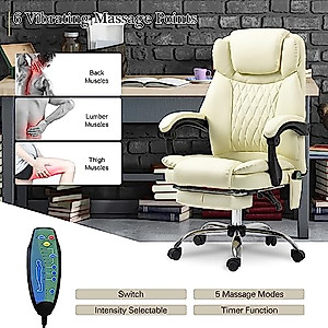 ONPNO Ergonomic Office Chair with Massager, Heated Office Chair Reclining Massage Desk Chair, Home Office Desk Chair w/Foot Rest, Padded Armrest, Height Adjustable Swivel Work Chair (White)